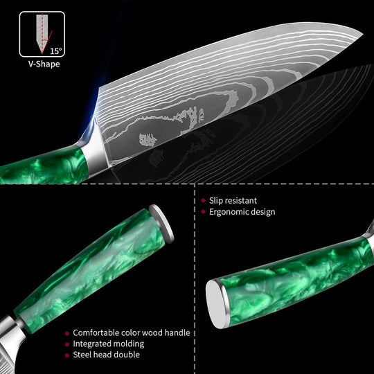 9 Piece Professional Chef Knife Set With Green Resin Wood Handle ...